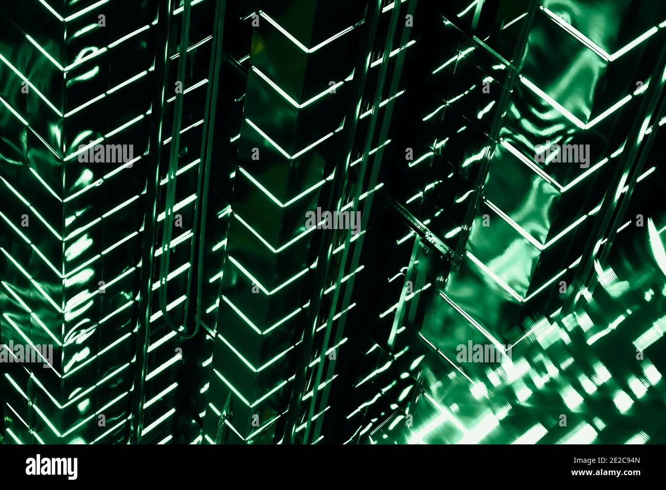 Abstract skyscraper at night, dark neon fluorescent wall of building in ...