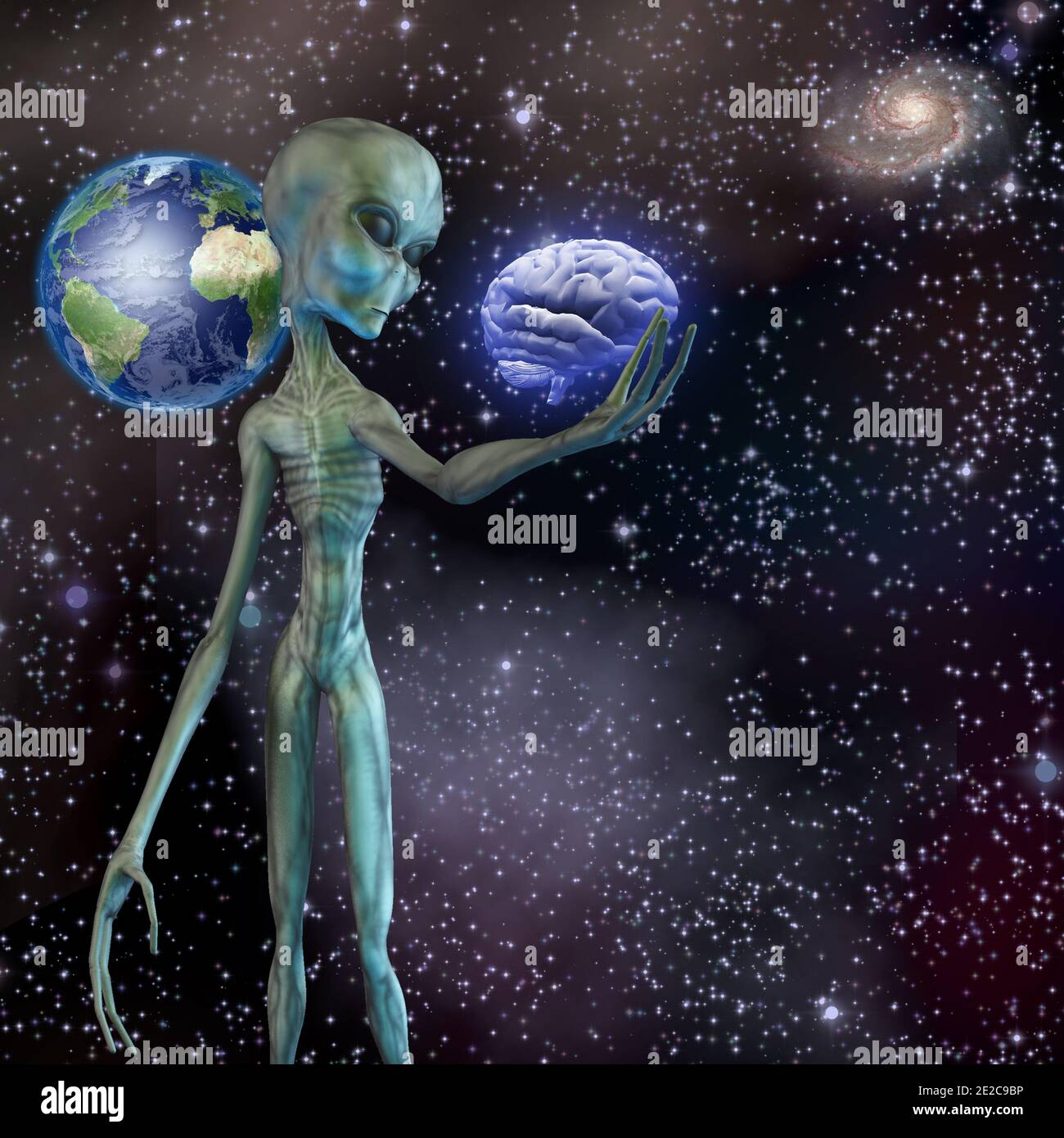 Alien ponders human brain. 3D rendering Stock Photo - Alamy