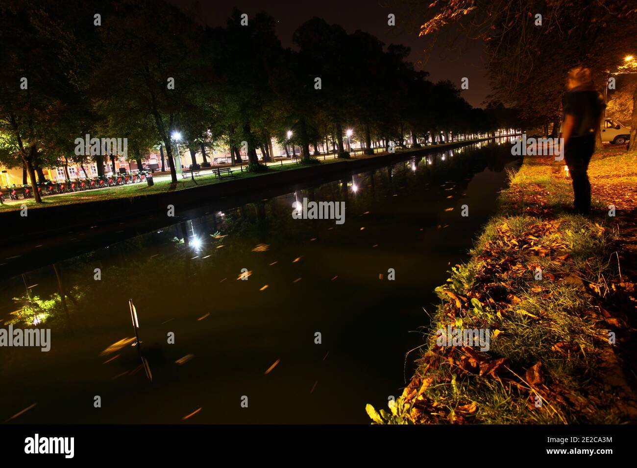 The Lille's river Deule, in northern France, by night,on October 1st ...