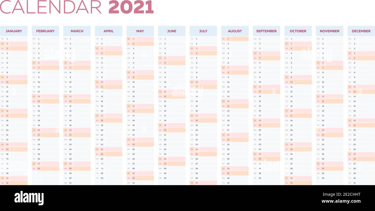 The 2021 calendar planner template with vertical monthly columns Stock ...