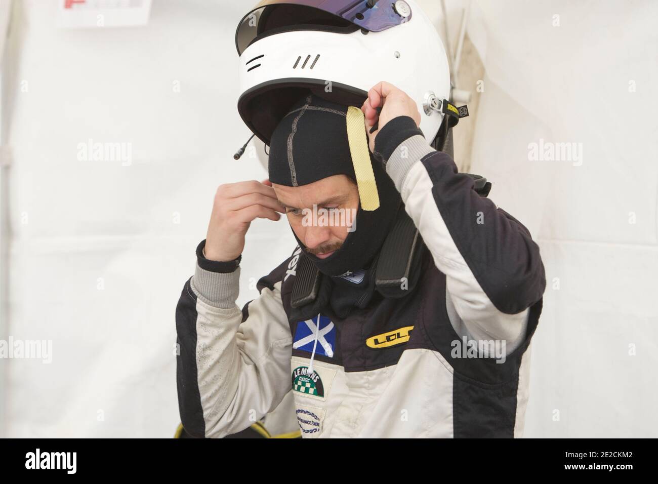 Scottish drummer Neil Primrose of Travis band, takes part in a motor ...