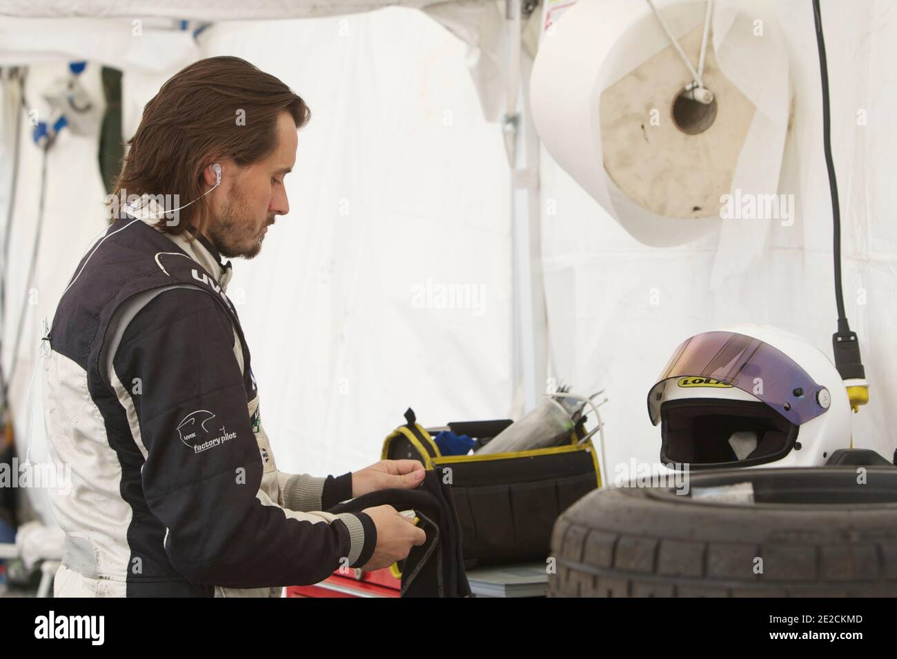 Scottish drummer Neil Primrose of Travis band, takes part in a motor ...