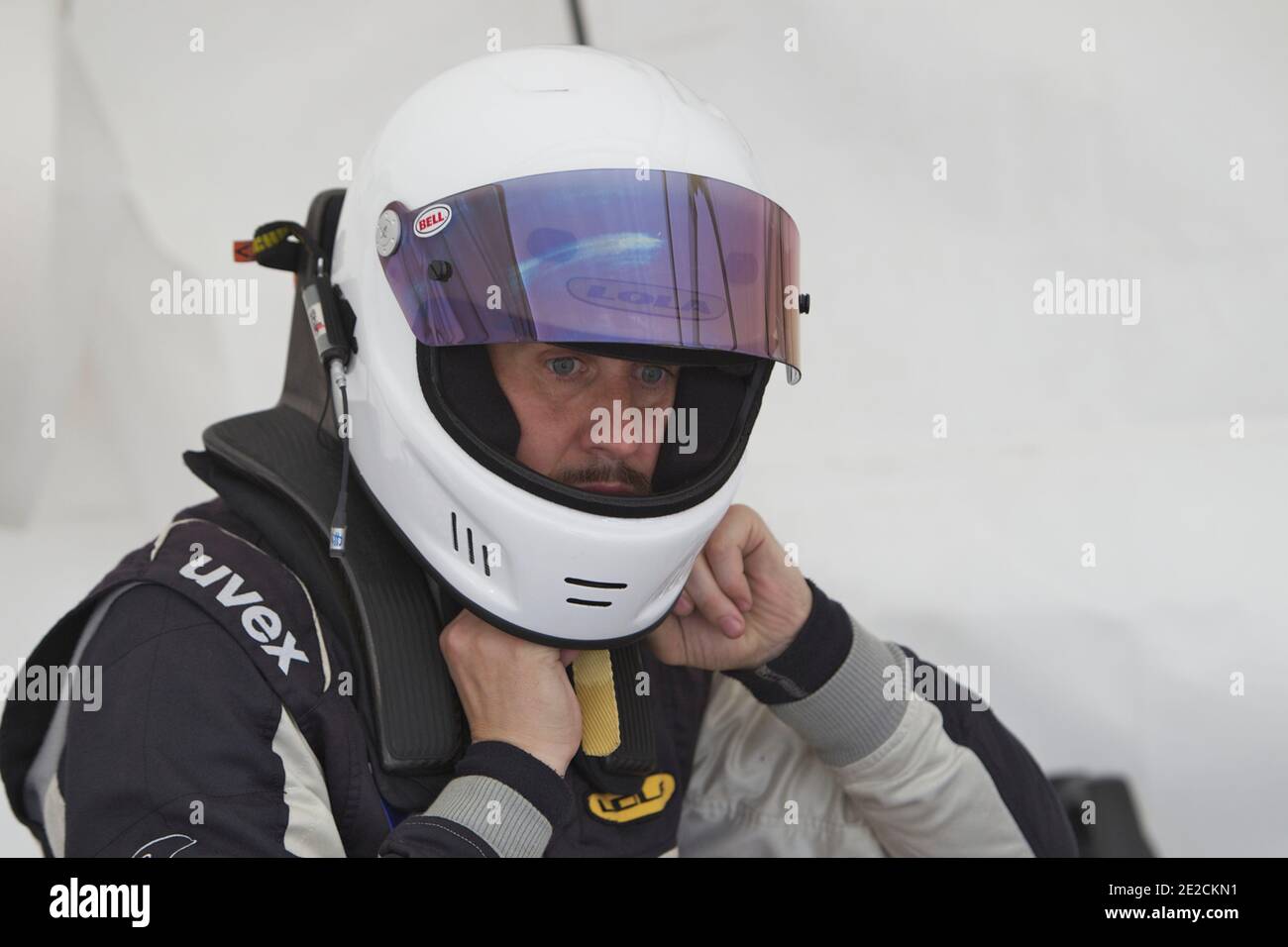 Scottish drummer Neil Primrose of Travis band, takes part in a motor ...
