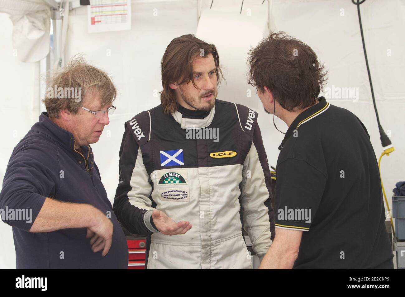 Scottish drummer Neil Primrose of Travis band, takes part in a motor ...