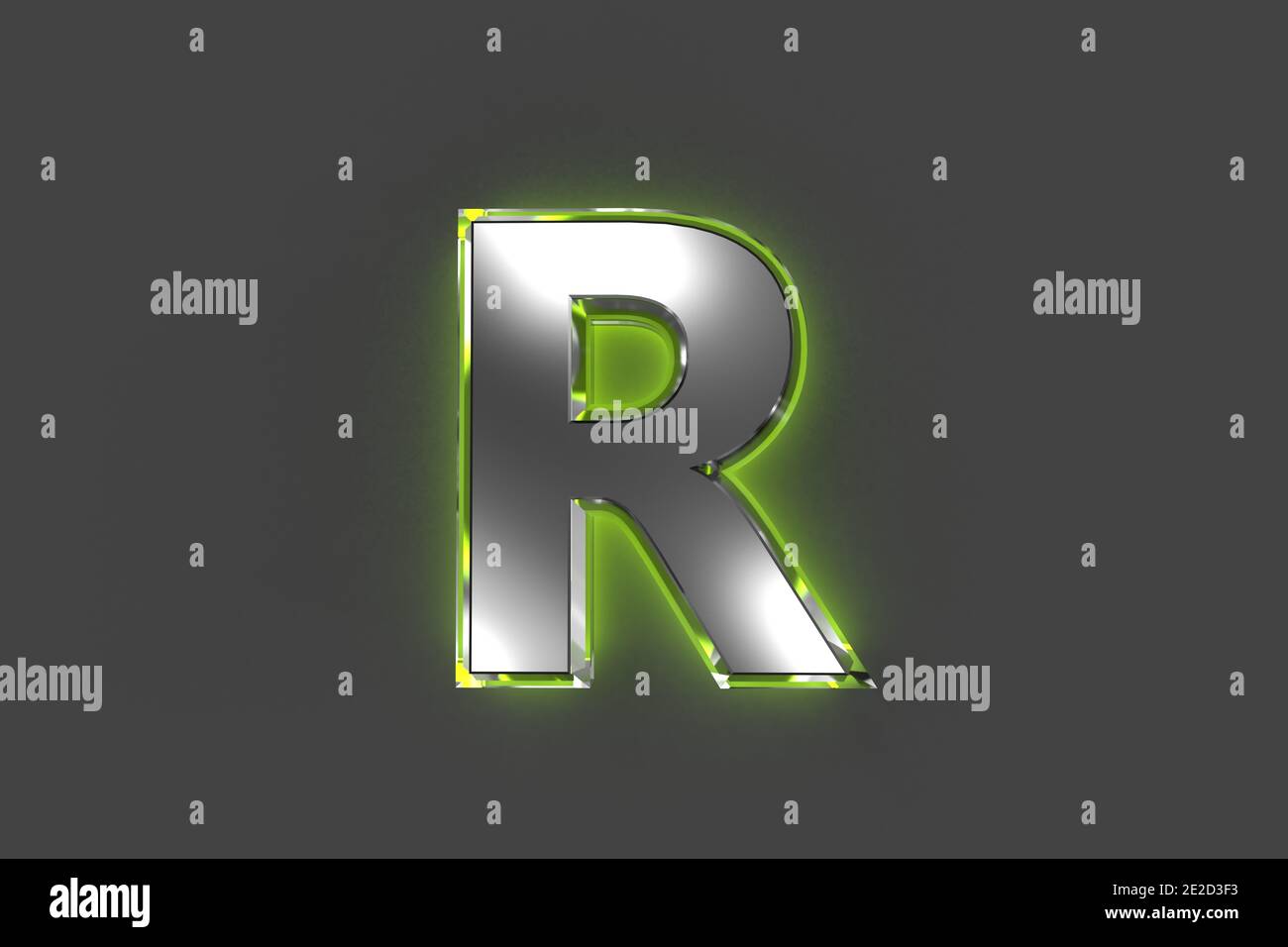 Grey metal alphabet with green glossy glassy outline - letter R ...