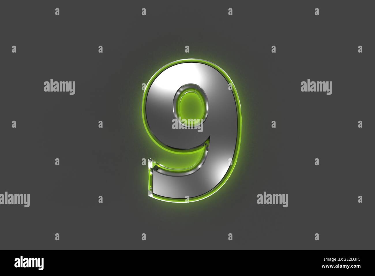 Grey metal alphabet with green shiny reflective outline - number 9 ...