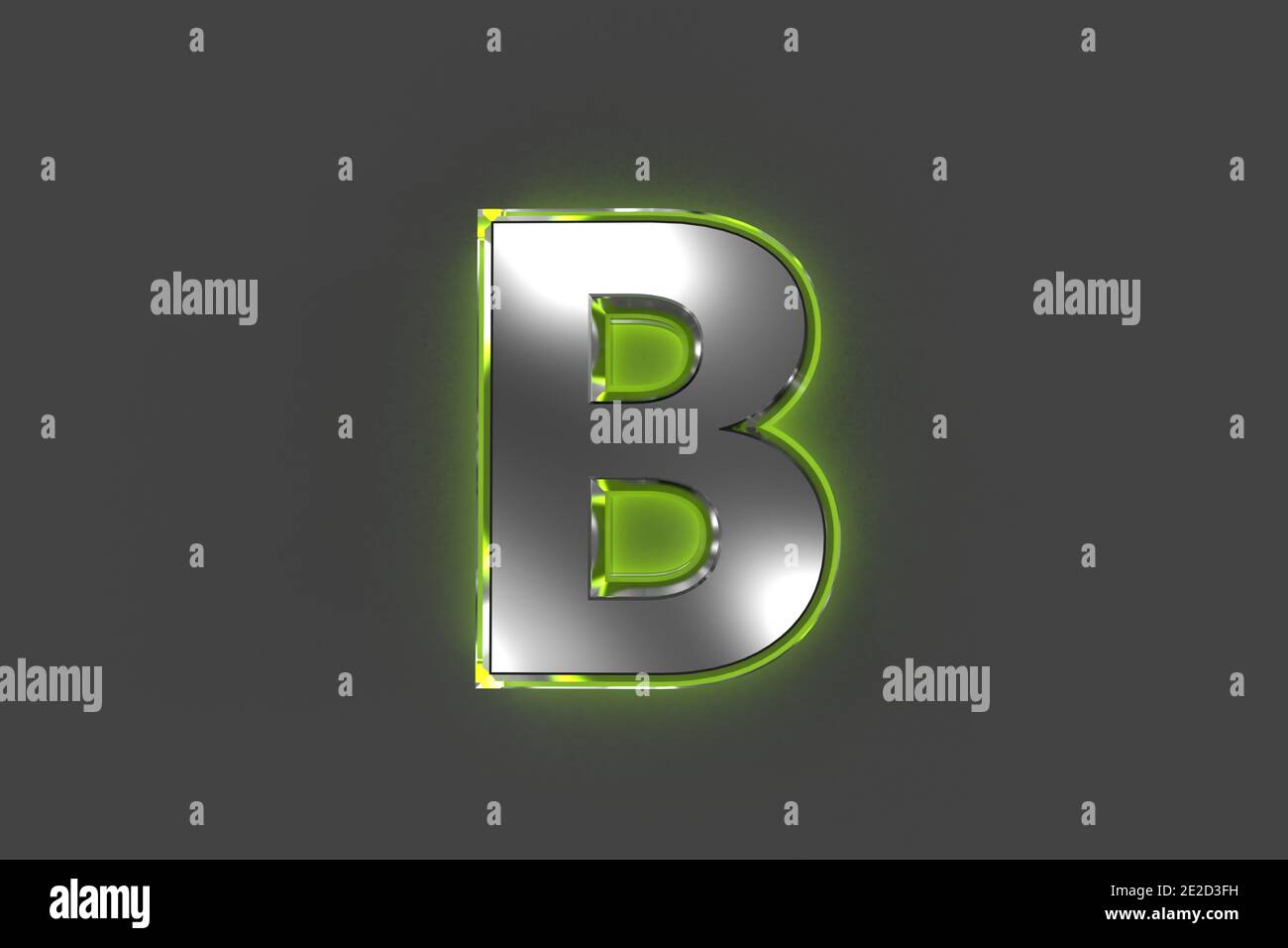 Grey metal font with green shine reflective outline - letter B isolated ...