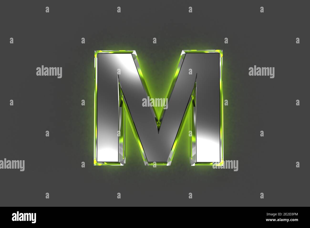 Grey metal alphabet with green shine reflective outline - letter M ...