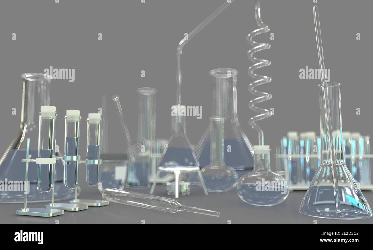 laboratory test-tubes and other science glassware with water on grey ...