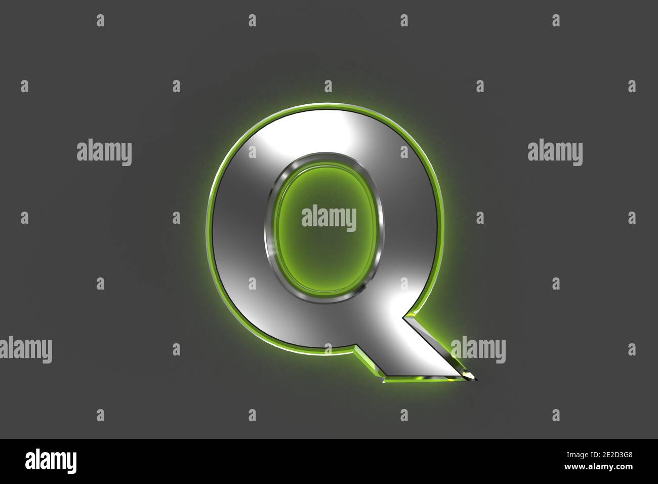 Grey metal font with green glossy reflective outline - letter Q ...