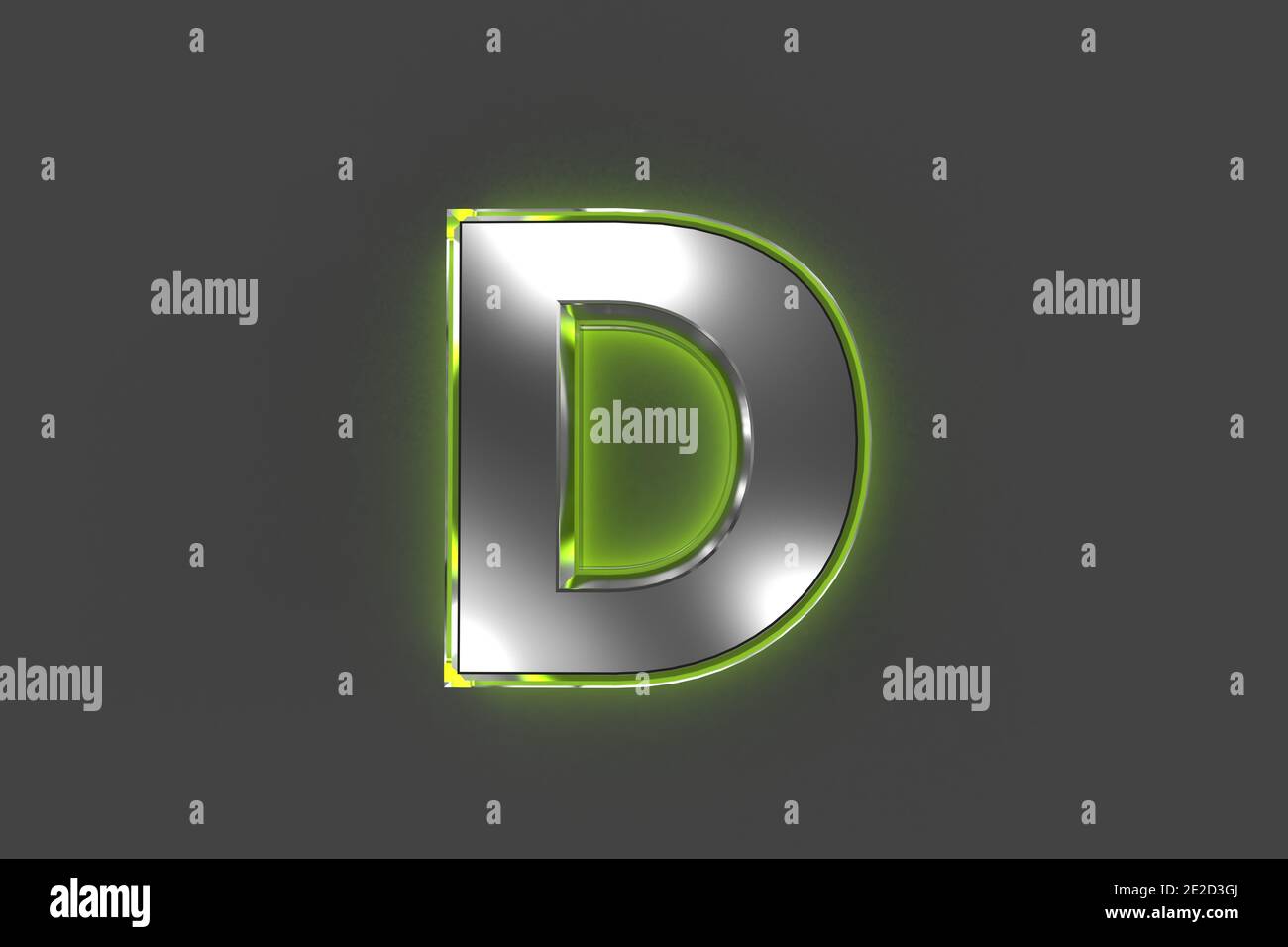 Grey metal font with green shiny glassy outline - letter D isolated on ...