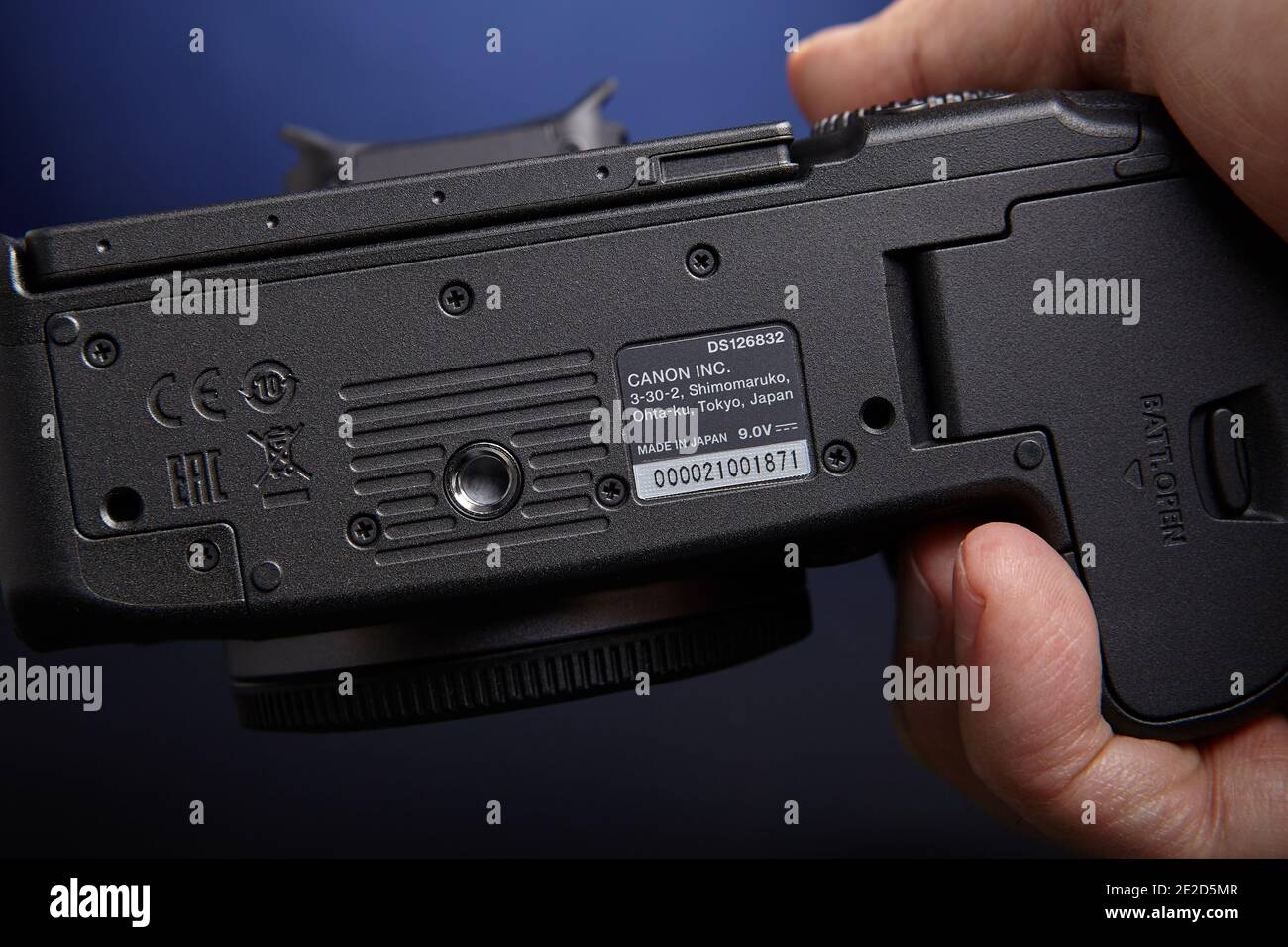 St. Petersburg, Russia - January 9, 2021:Serial number on the Canon EOS ...