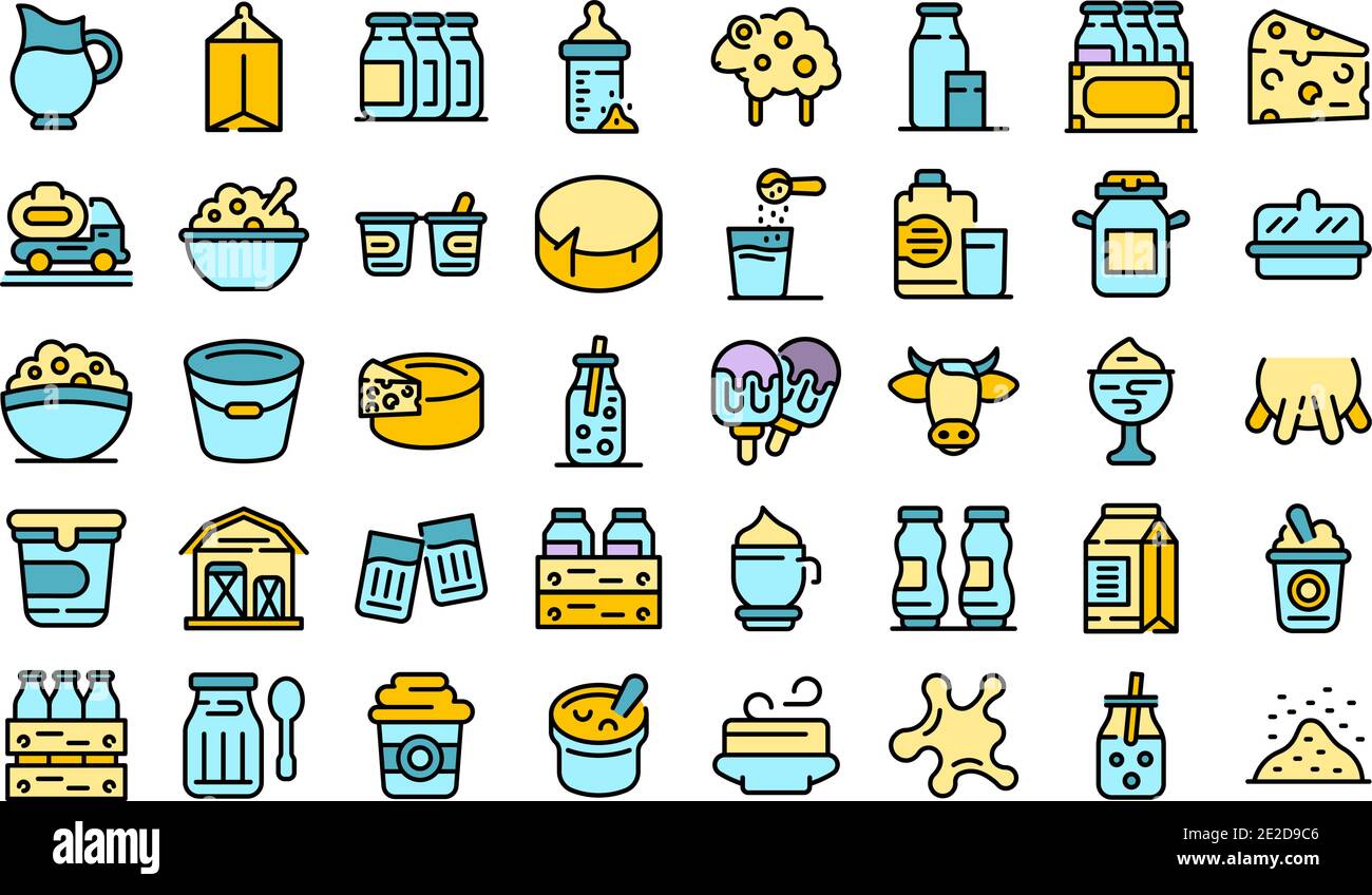 Dairy icons set. Outline set of dairy vector icons thin line color flat ...