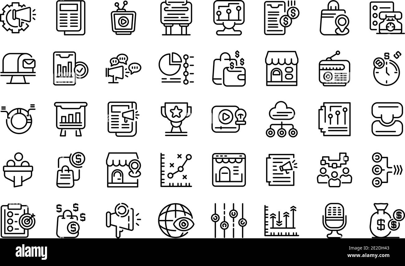 Marketing mix icons set. Outline set of marketing mix vector icons for ...