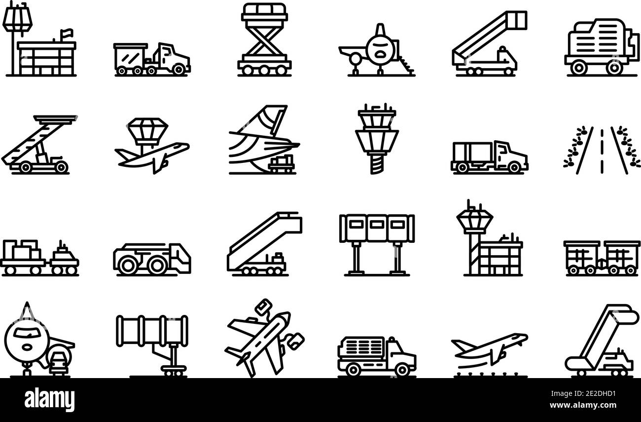 Airport ground support service icons set. Outline set of airport ground ...