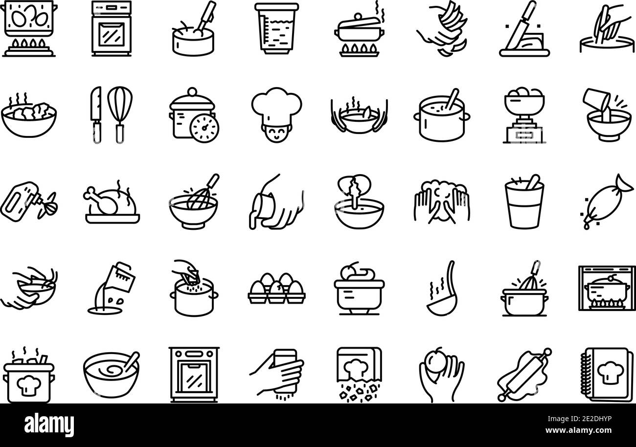 Hands preparing foods icons set. Outline set of hands preparing foods ...