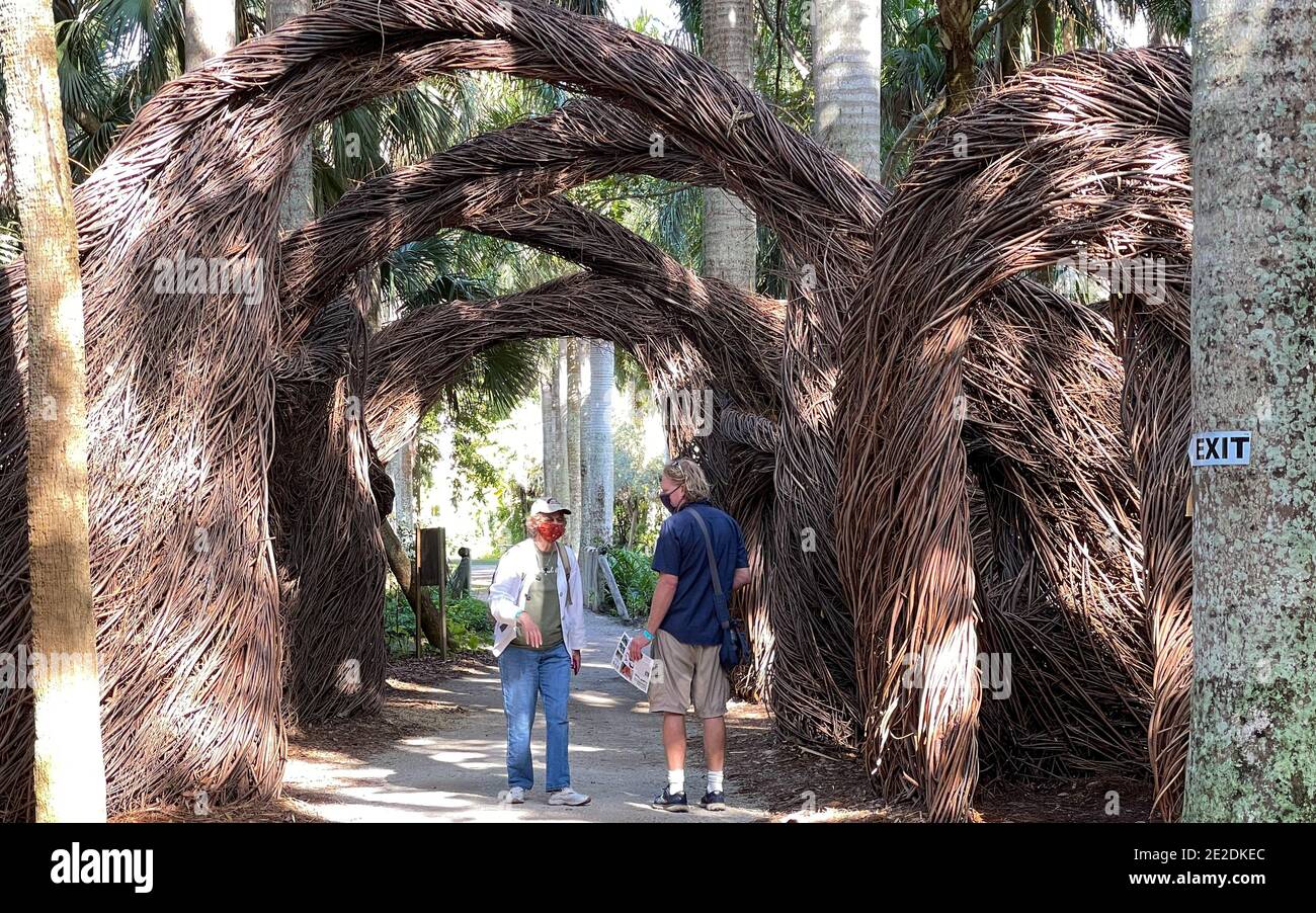 Artistic abstract arches made out of twigs in a tropical botanical ...