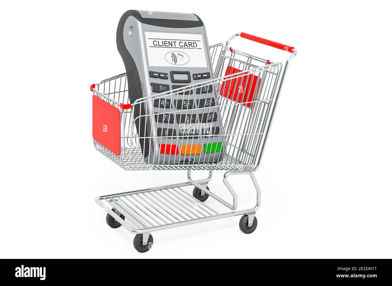 Shopping cart with POS terminal, card reader. 3D rendering isolated on ...