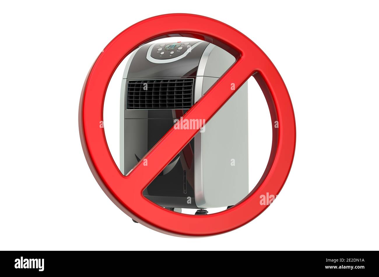 Forbidden sign with portable air conditioner. 3D rendering isolated on ...
