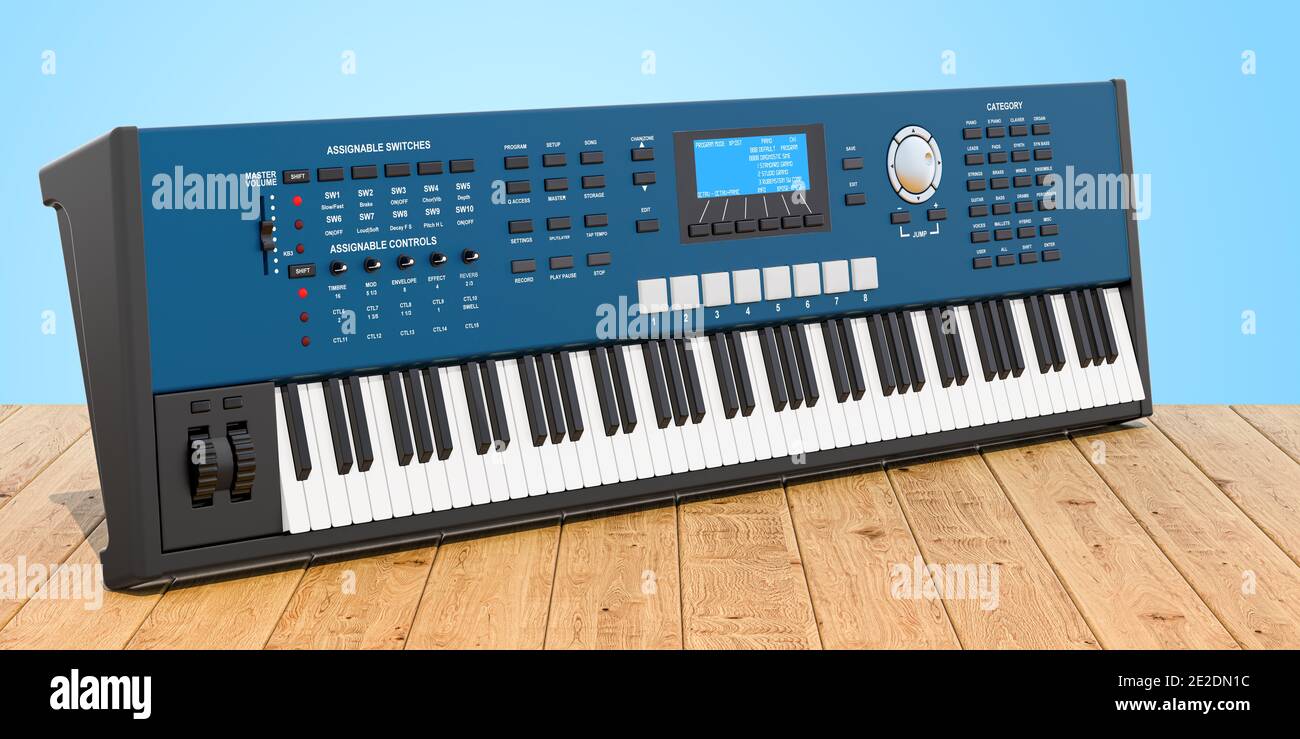 Synthesizer, digital piano on the wooden planks, 3D rendering Stock ...