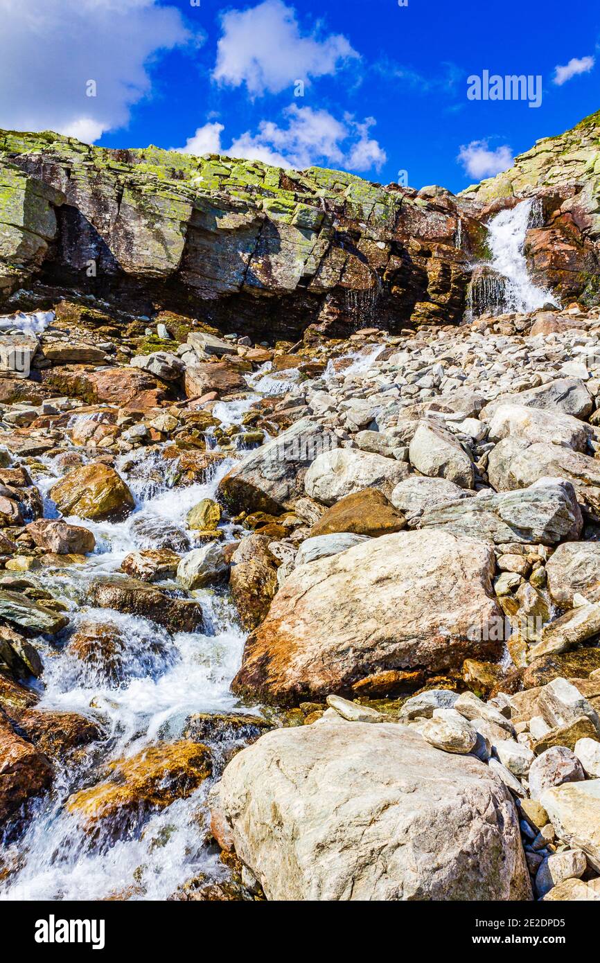 Amazing norwegian landscape with beautiful river waterfall in Vang i ...