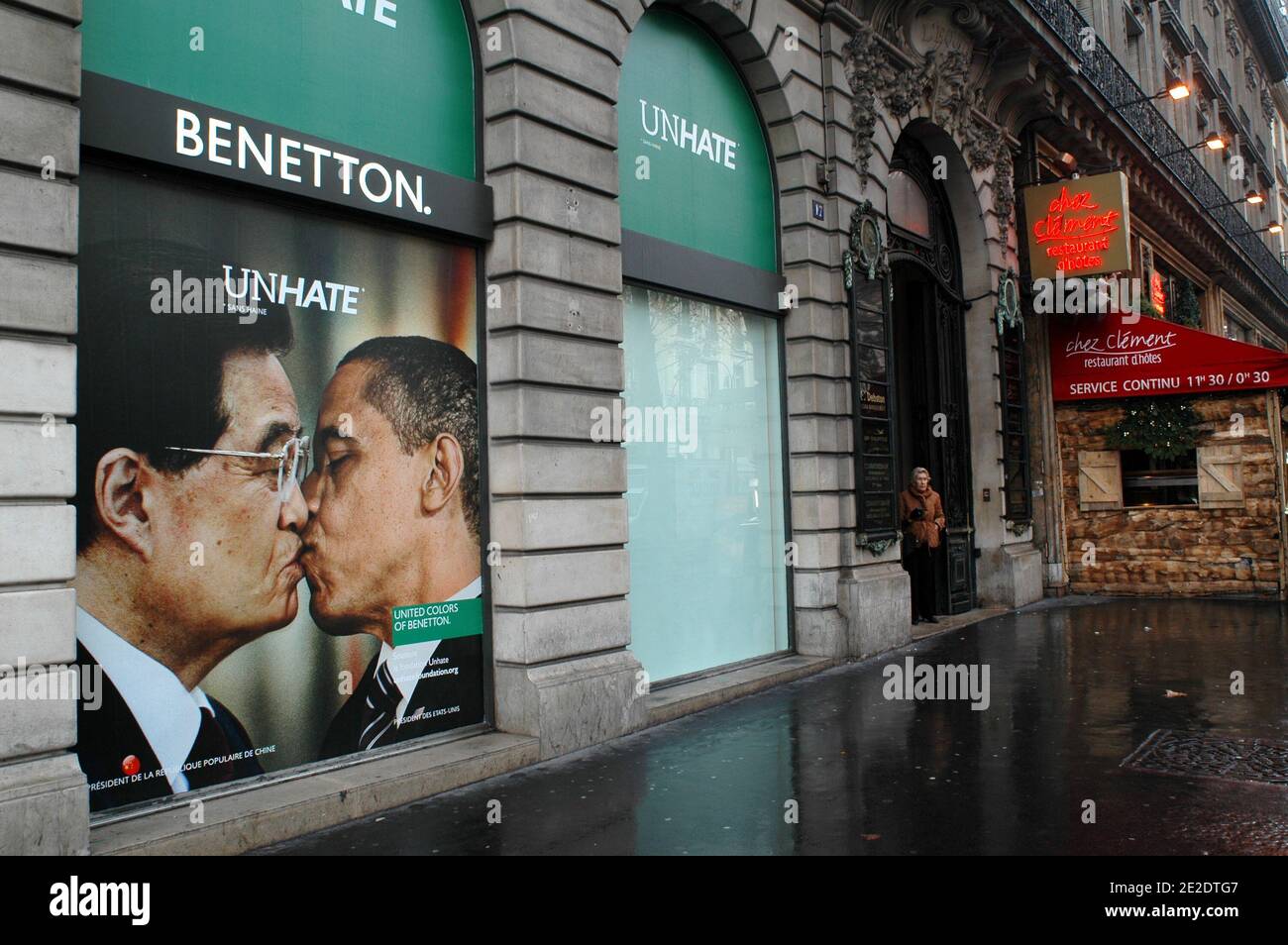 Posters from new Benetton's ad campaign 'Unhate' are on display on it's ...