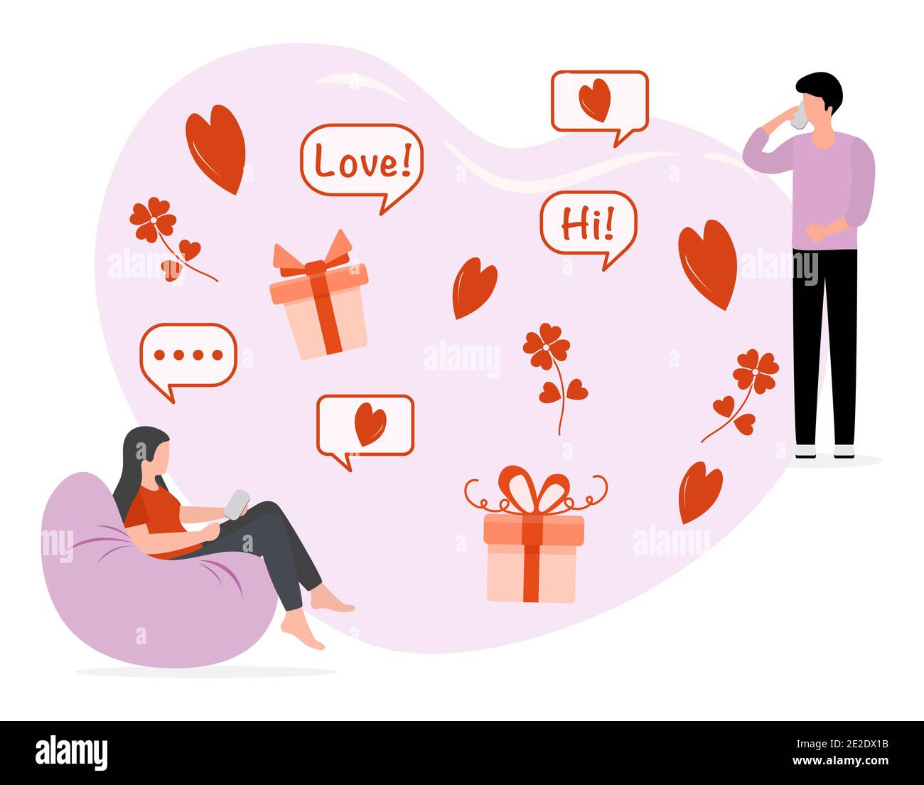 Vector illustration Man and woman talking by smart phone. People during ...