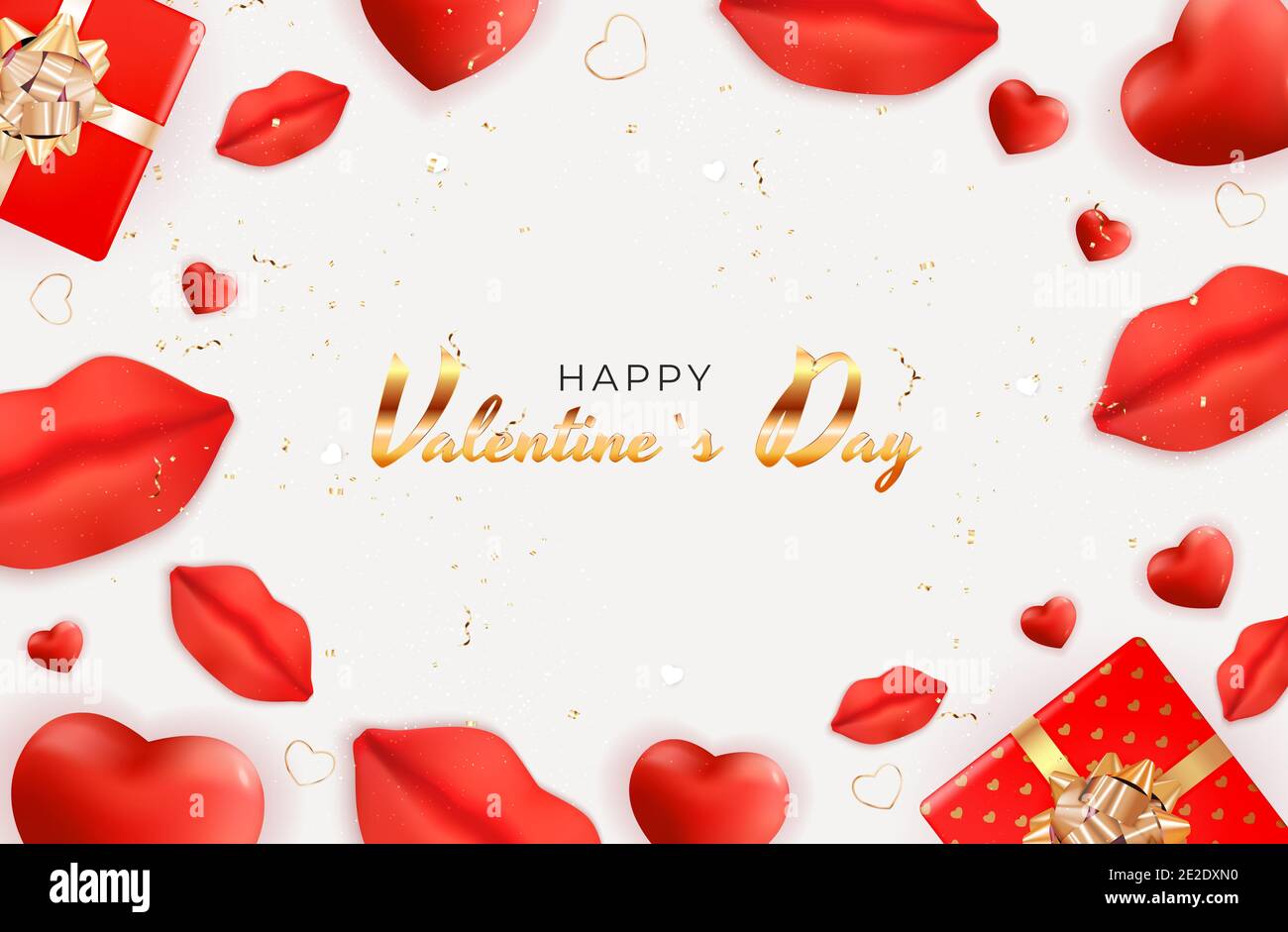 Valentine's Day Background Design with Realistic Lips and Hearts ...