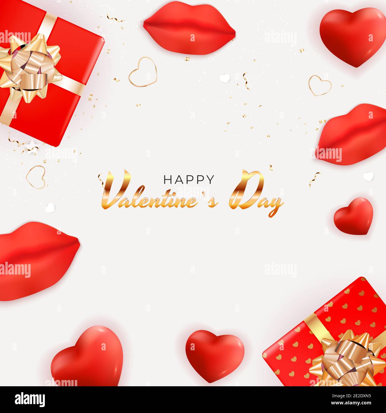 Valentine's Day Background Design with Realistic Lips and Hearts ...