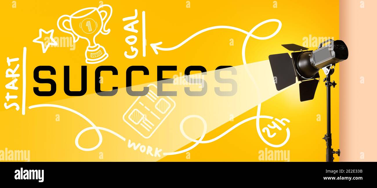 Professional equipment and color backdrop with text SUCCESS in photo ...