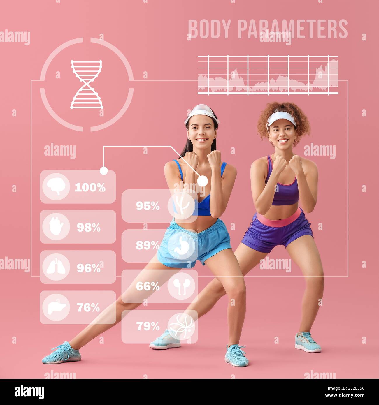 Sporty young women undergoing whole body scanning against color ...