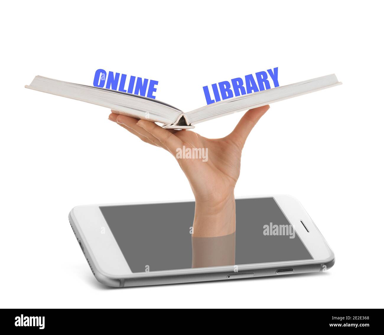 Female hand holding book through screen of mobile phone on white ...