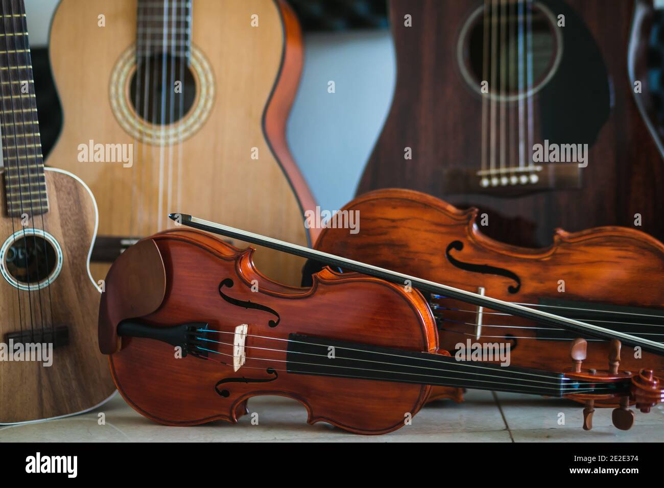 Closeup shot of different musical string instruments for a school of ...