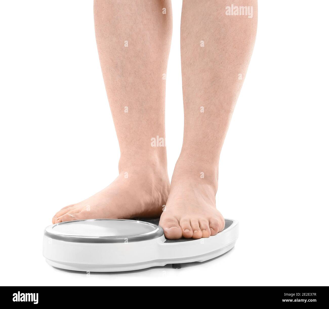 Overweight man with scales on white background. Weight loss concept ...