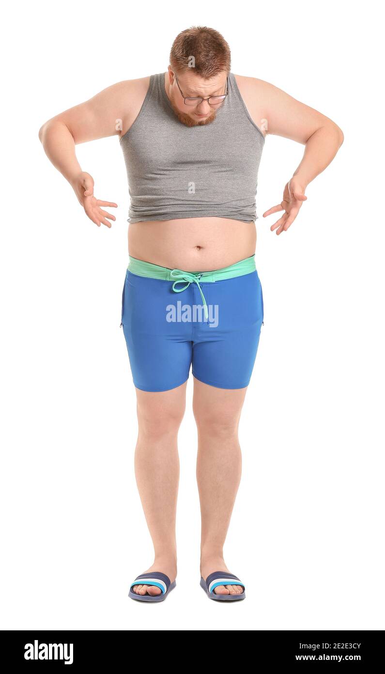 Stressed overweight man on white background. Weight loss concept Stock ...