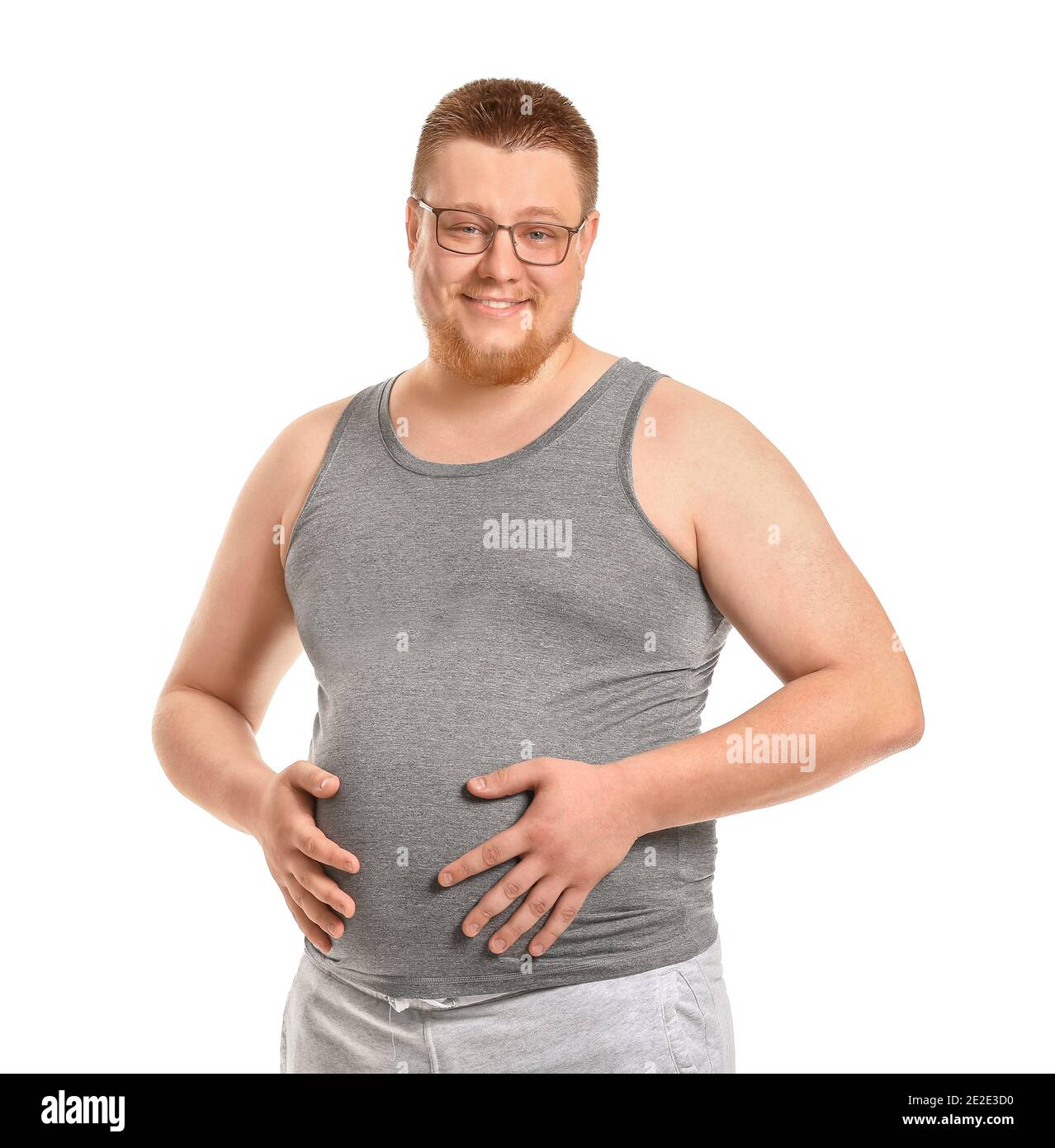 Overweight man on white background. Weight loss concept Stock Photo - Alamy