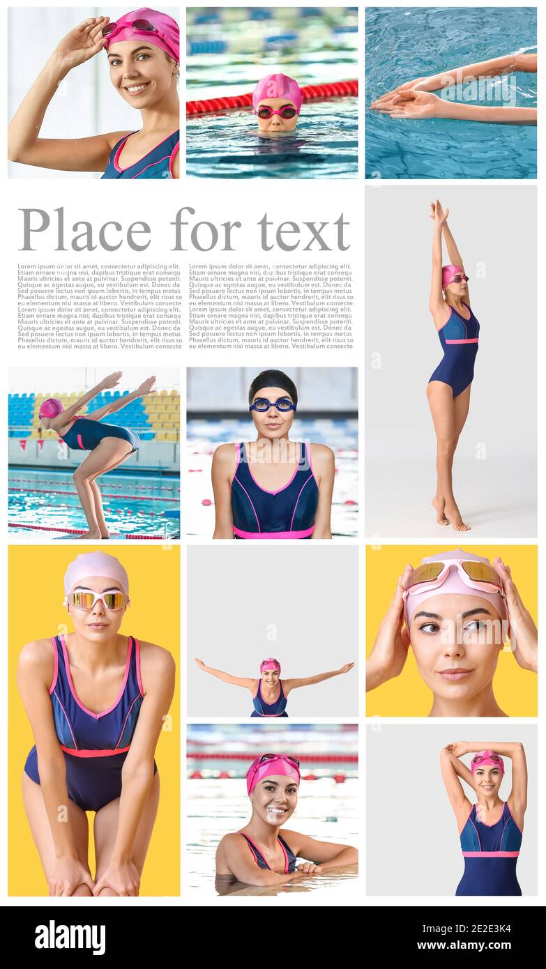 Collage of sporty female swimmer with place for text Stock Photo - Alamy
