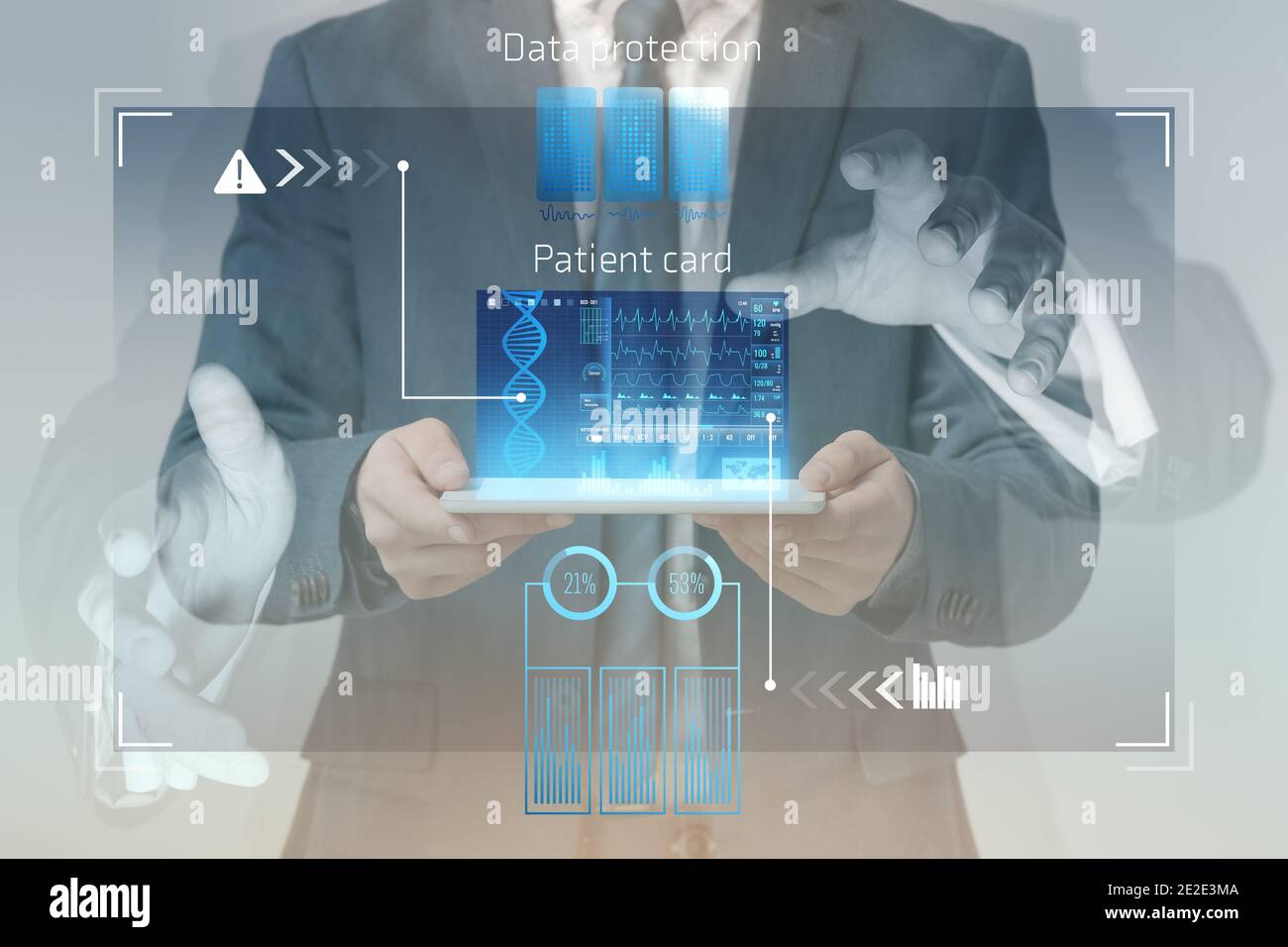 Man with tablet computer and interface of electronic patient record ...