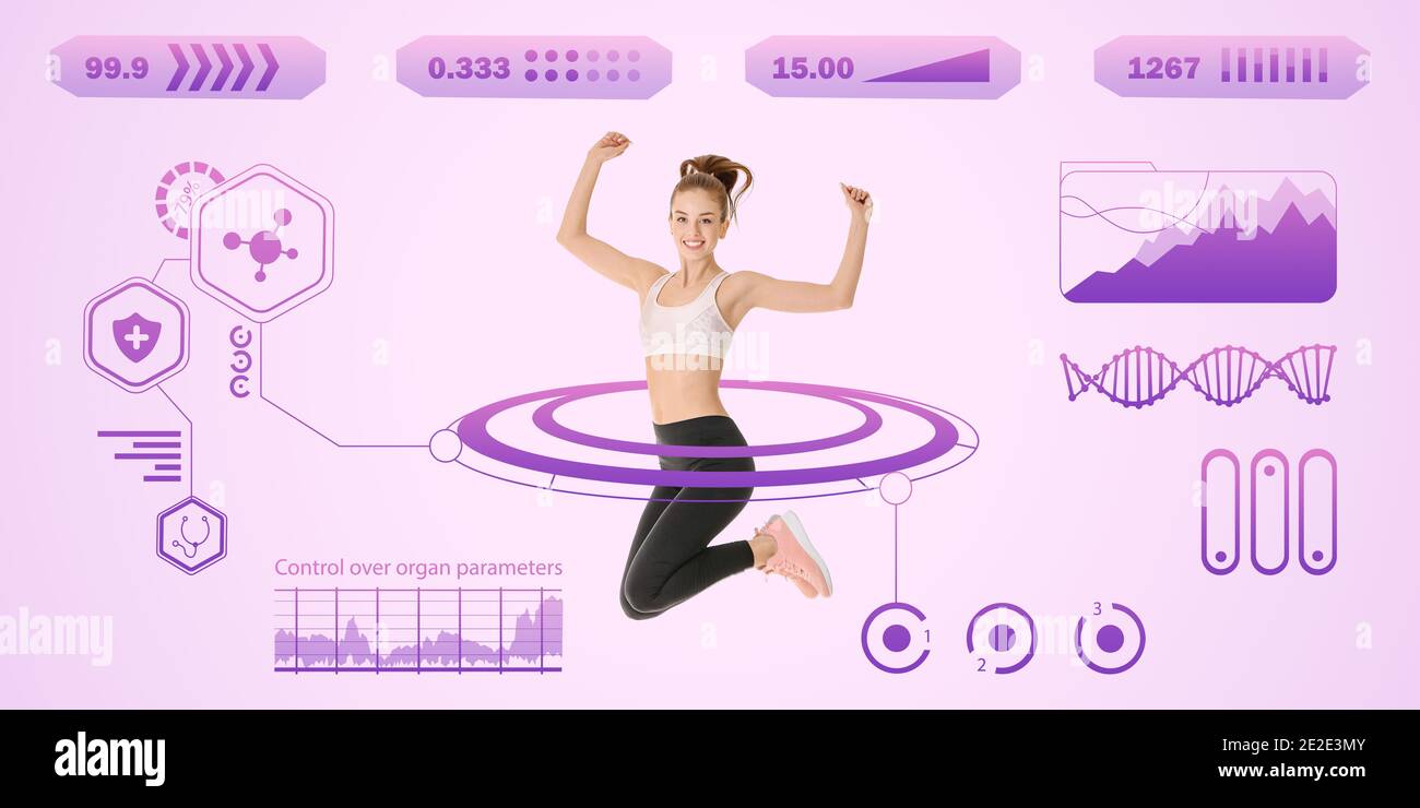 Sporty young woman undergoing whole body scanning against color ...