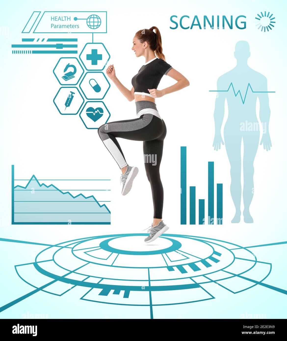 Sporty young woman undergoing whole body scanning against white ...