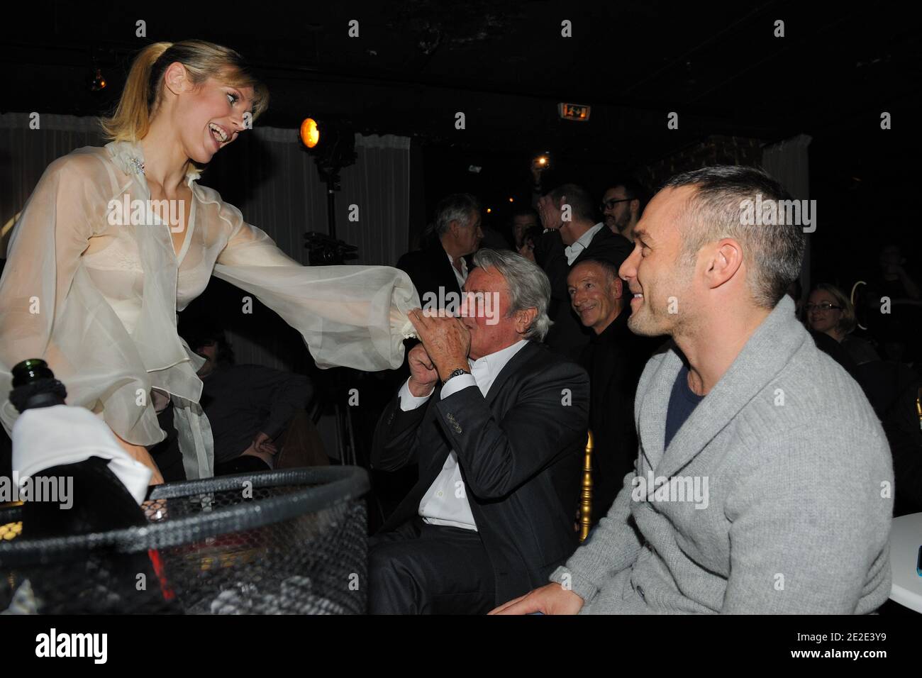 Lorie, Alain Delon and Philippe Bas after her showcase at the Queen for ...