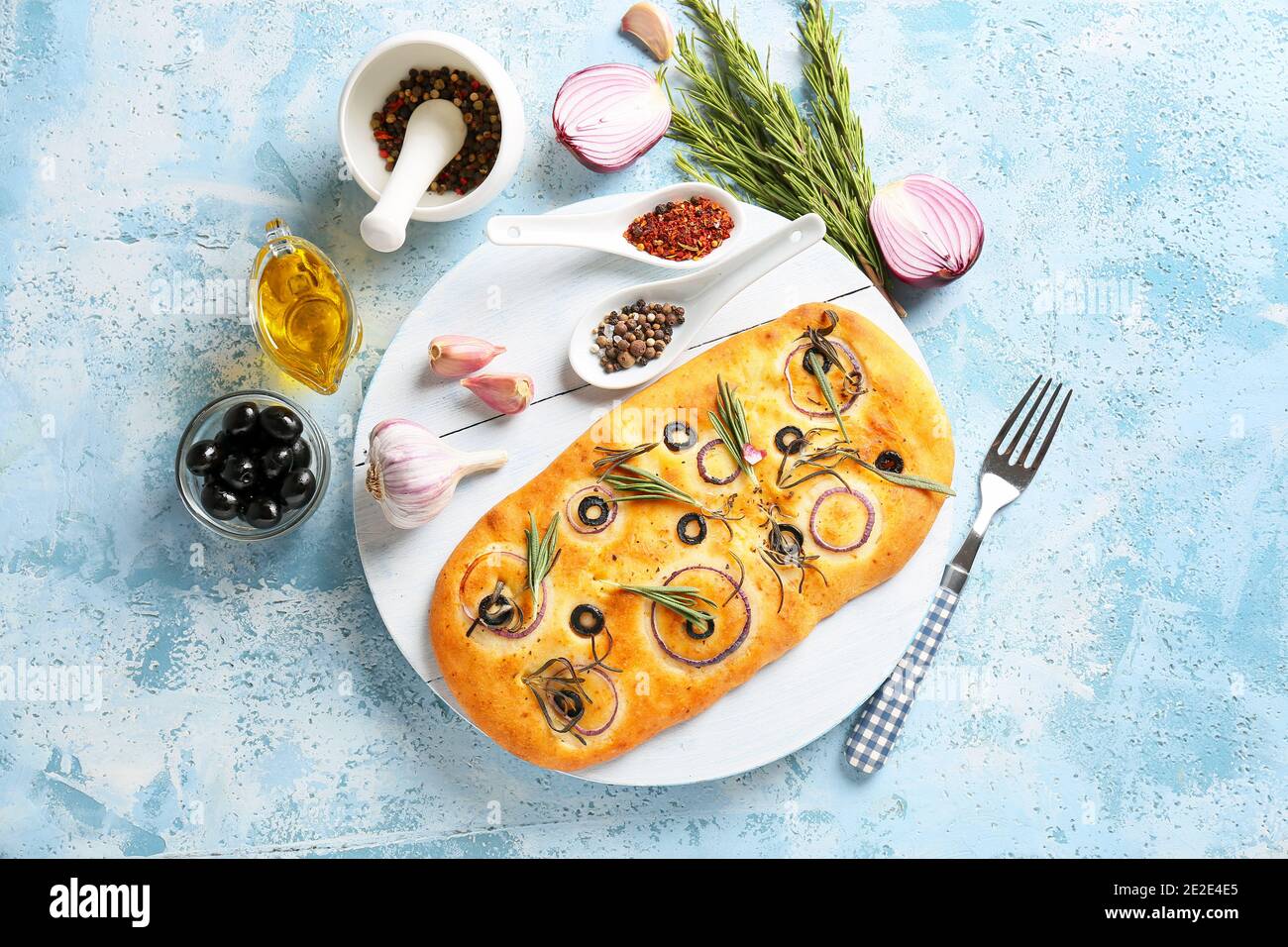 Composition with traditional Italian focaccia on color background Stock ...