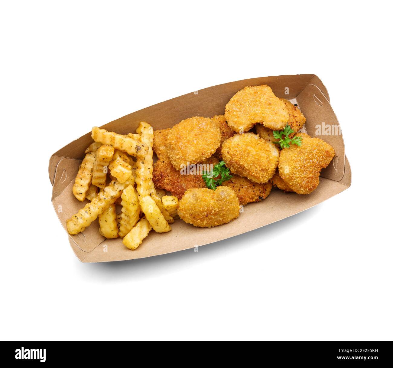Tasty nuggets and french fries in paper box on white background Stock ...