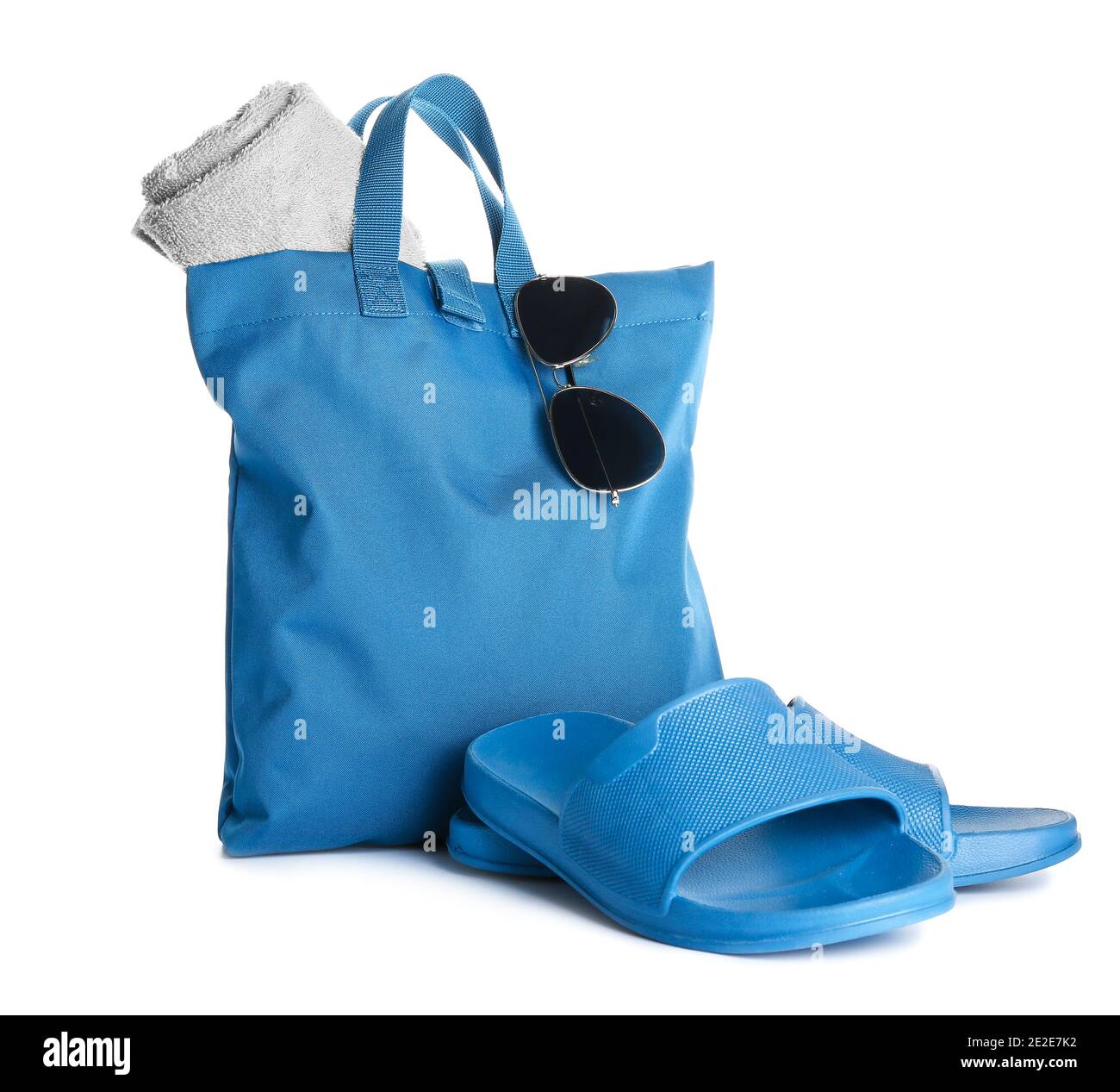 Male beach accessories on white background Stock Photo - Alamy