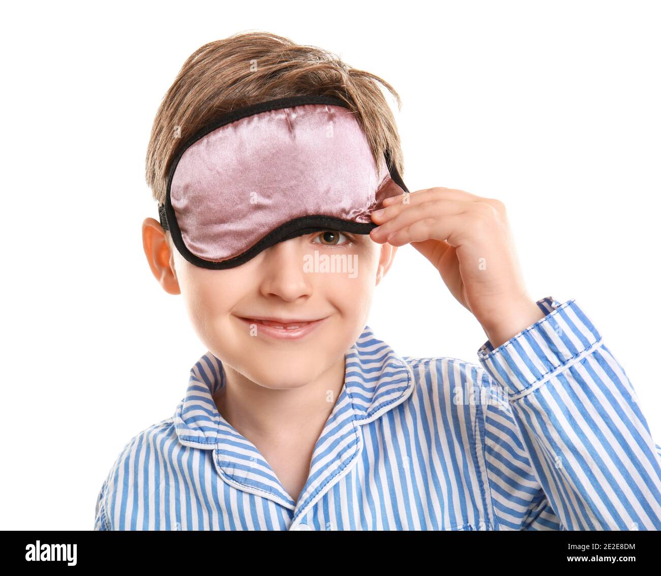 Little boy in sleep mask isolated on white background Stock Photo - Alamy