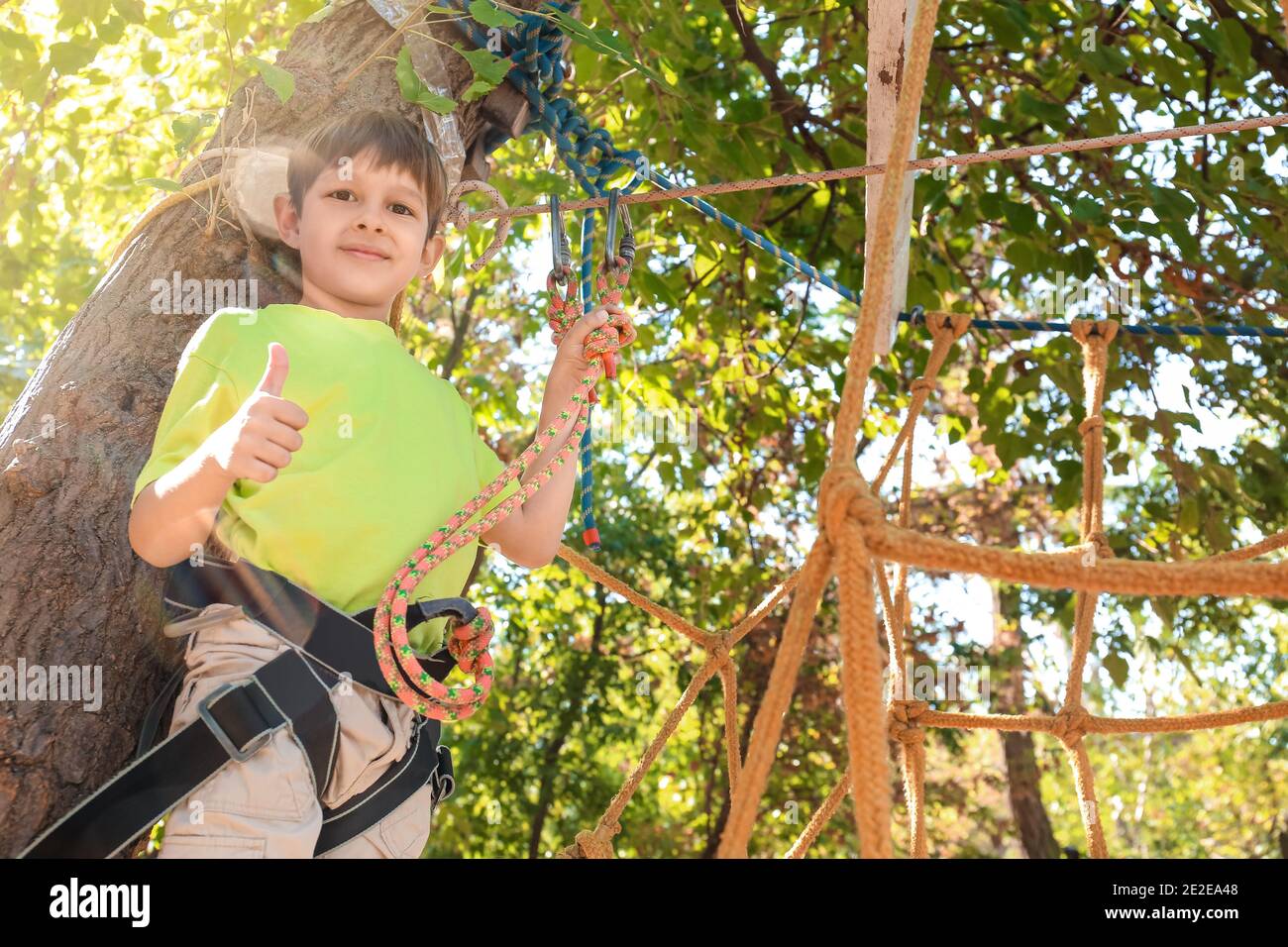 Little boy climbing in adventure park Stock Photo - Alamy