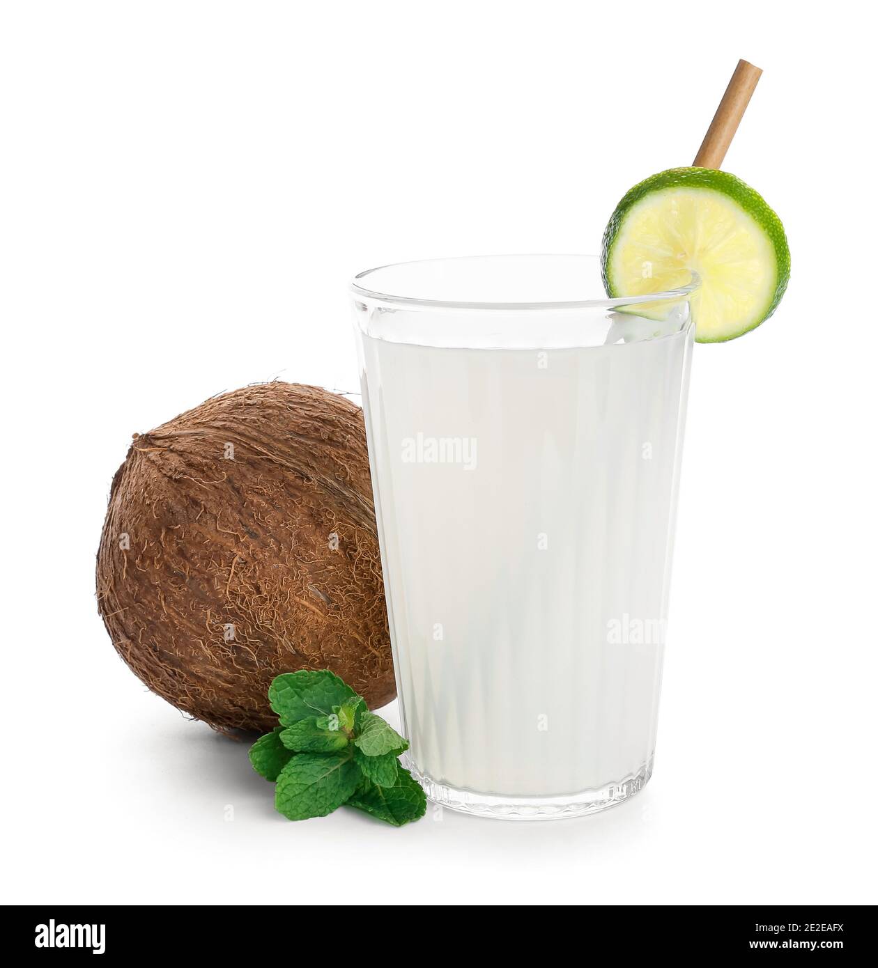 Glass of fresh coconut water on white background Stock Photo - Alamy
