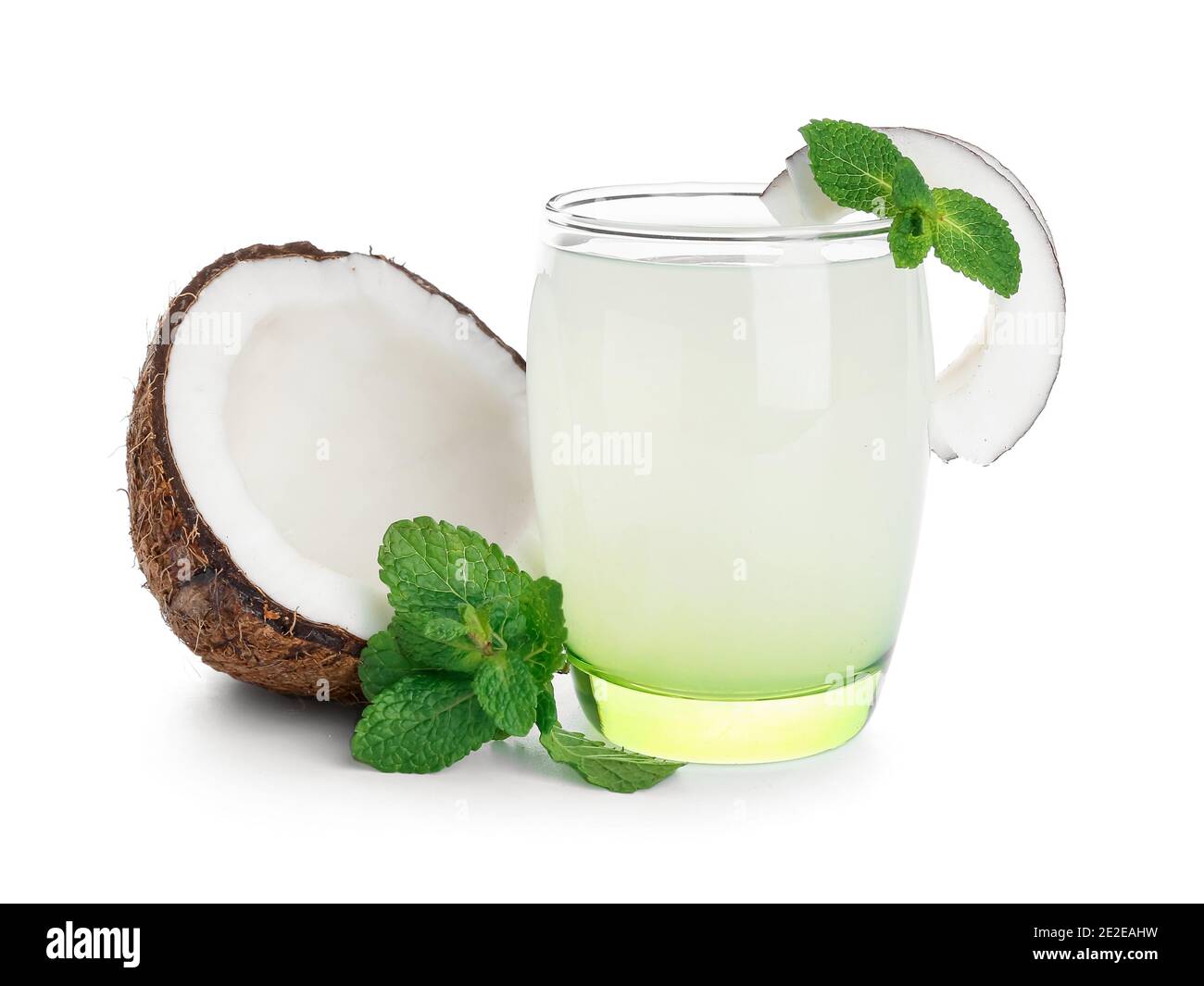 Glass of fresh coconut water on white background Stock Photo - Alamy
