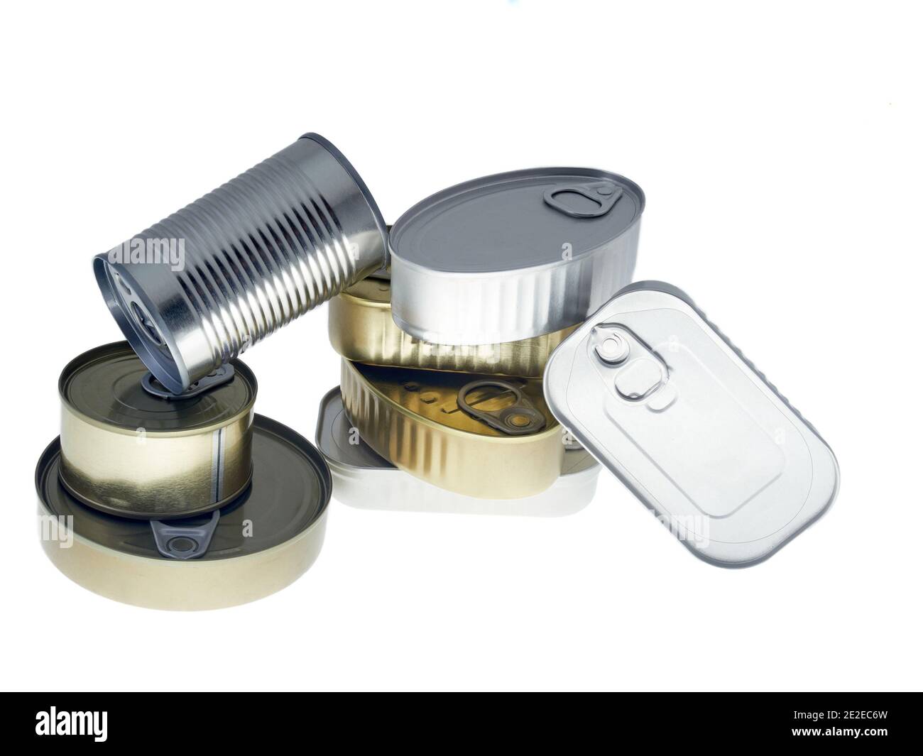 Closeup shot of canned foods for consumption isolated on white ...