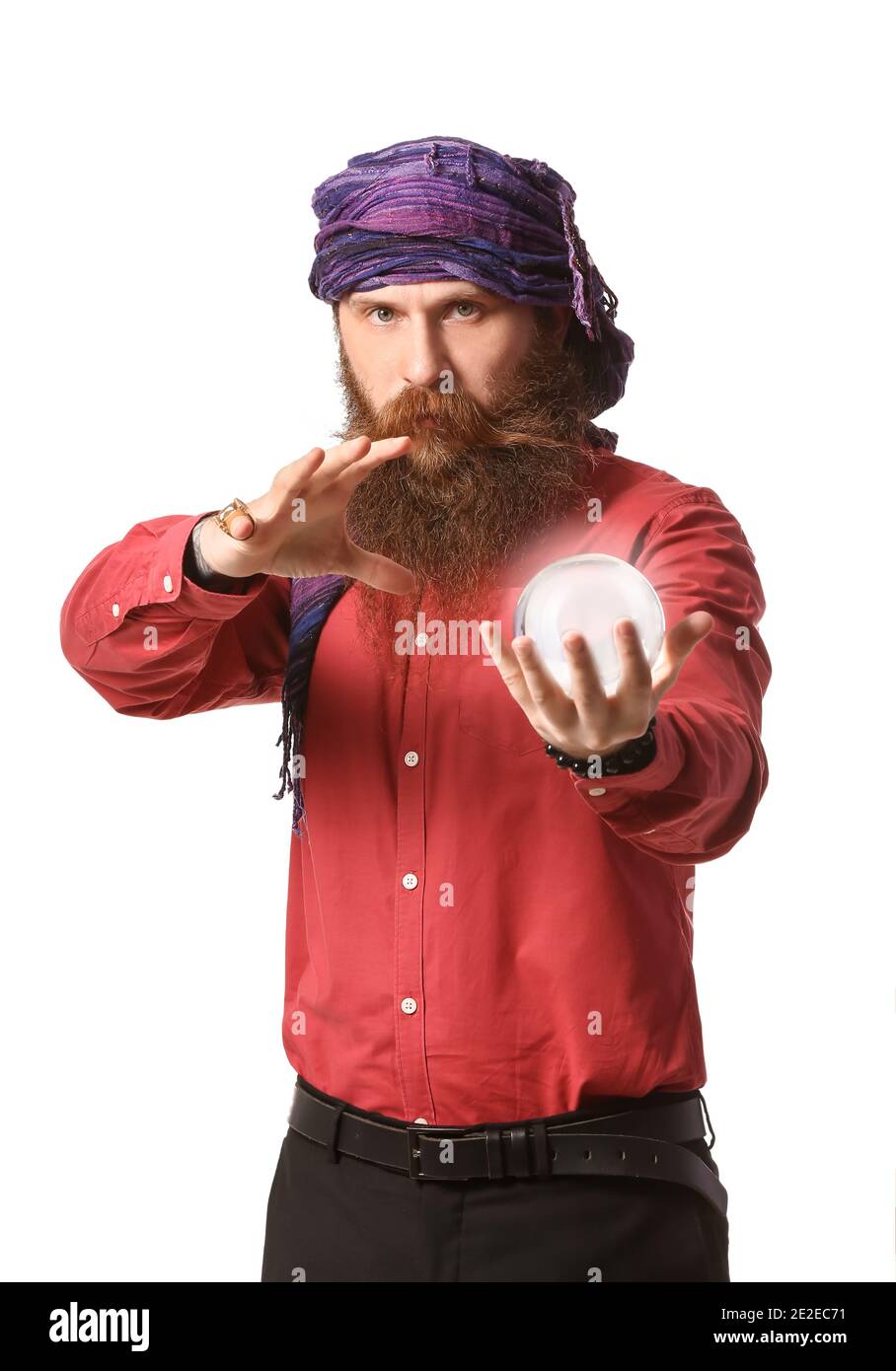 Male fortune teller with crystal ball on white background Stock Photo ...